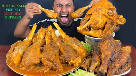 Asmr Eating Mutton Nalli Curry Spicy Goat Head Curry Crispy Fish Fry