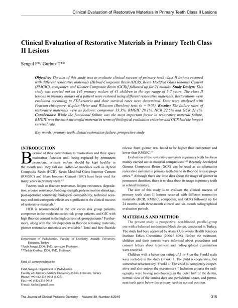 Pdf Clinical Evaluation Of Restorative Materials In Primary Teeth