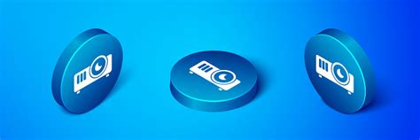 파란색 배경에 격리 된 등분 프리젠 테이션 영화 영화 미디어 프로젝터 아이콘 파란색 원 버튼입니다 벡터 일러스트레이션 3차원 형태에 대한 스톡 벡터 아트 및 기타 이미지