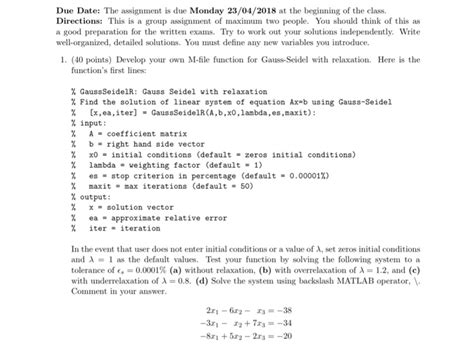 Solved Develop Your Own M File Function For Gauss Seidel Chegg