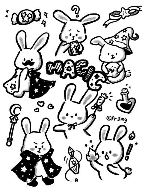 黑白线描手账素材 兔子邦妮的魔法 简笔画可爱兔兔 绿瓷叮叮 站酷zcool