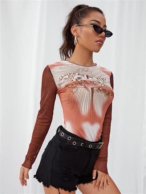 Graphic Print Sheer Mesh Top Shein Uk