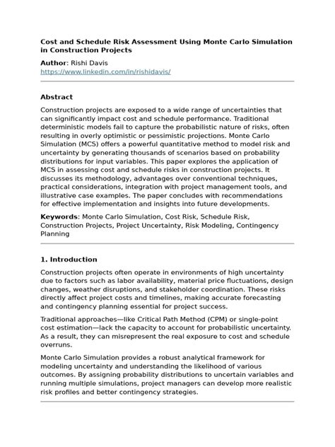 Cost And Schedule Risk Assessment Using Monte Carlo Simulation In