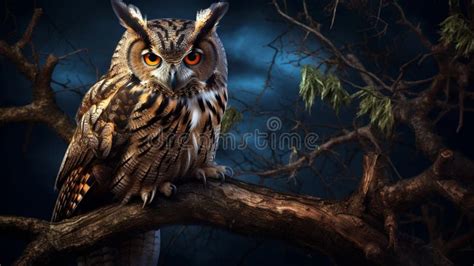 An Owl Sits Right On A Tree Branch And Looks At The Camera Stock