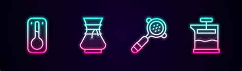 세트 라인 커피 온도계 커피 메이커 필터 홀더 및 프렌치 프레스를 부어 빛나는 네온 아이콘 벡터 가리기에 대한 스톡 벡터 아트
