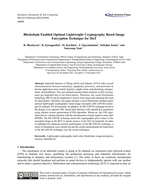 PDF Blockchain Enabled Optimal Lightweight Cryptography Based Image Encryption Technique For IIoT