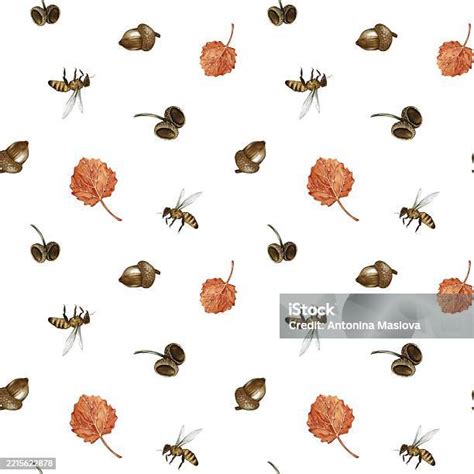 다양 한 가을 요소와 꿀벌이 있는 완벽 한 패턴 수제 수채화 그림 컬러 이미지입니다 포장 장식 섬유 및 벽지 인쇄 포장지 0명에 대한 스톡 벡터 아트 및 기타 이미지