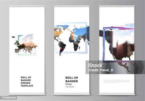 수직 전단지 플래그 디자인 템플릿 배너 스탠드 광고 디자인에 대한 롤업 모형 템플릿의 벡터 레이아웃 세계지도와 컬러 프레임의 형태로 템플릿을 디자인 사진을 삽입 대륙 지리적