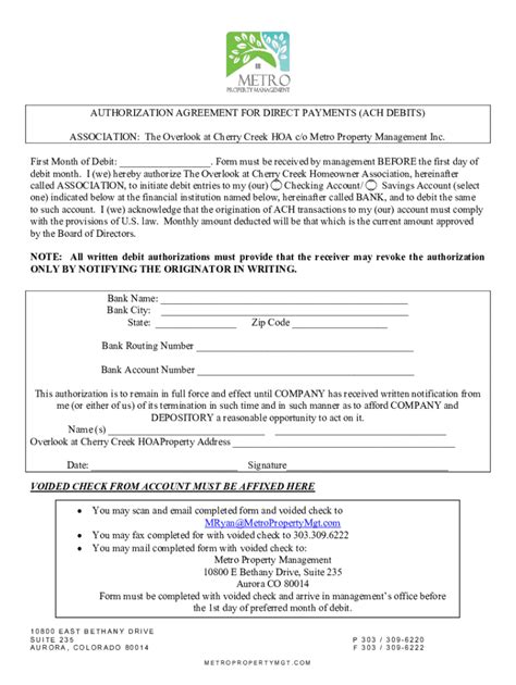 Fillable Online ACH Direct Payment Authorization Form Cherry Creek Fax Email Print