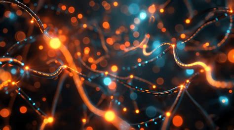 Abstract Image Of Glowing Orange And Blue Light Particles On Dark Background Resembling Neural
