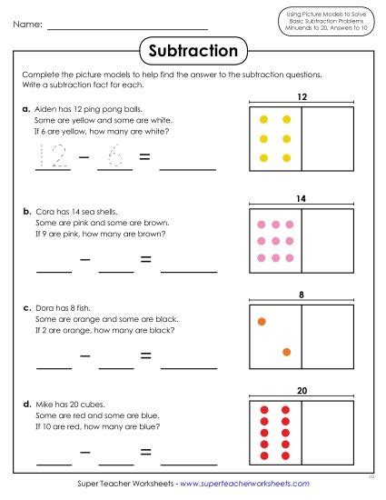 subtraction with picture models printable pdf worksheet
