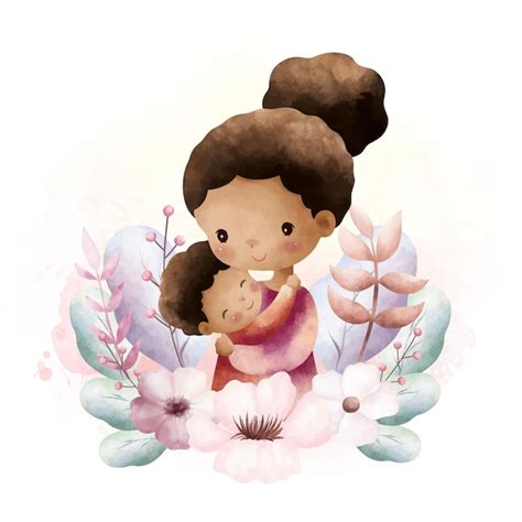 水彩イラスト 花の花輪を持つ母子 プレミアムベクター