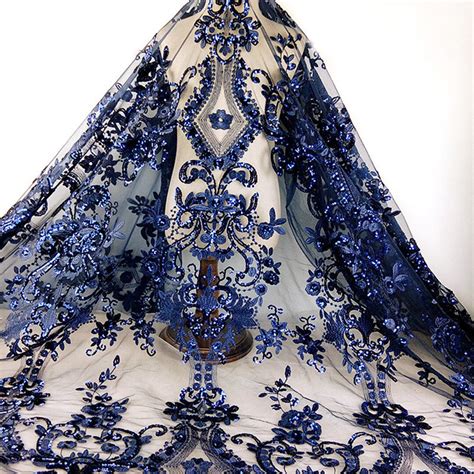 Navy Blue Flower Lace Black Lace Fabric Sequins Floral Embroidered Lace Wedding Bridal Lace