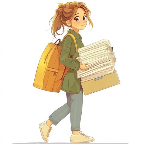 Cartoon Girl Holding Stack Of Books Isolated On White Premium Ai