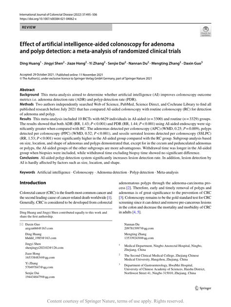 Effect Of Artificial Intelligence Aided Colonoscopy For Adenoma And Polyp Detection A Meta