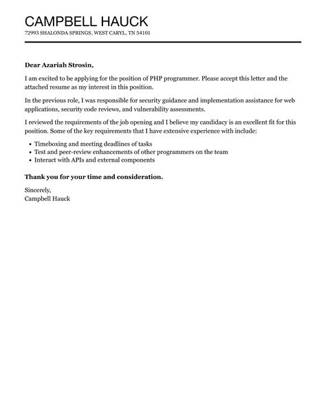 PHP Programmer Cover Letter Velvet Jobs