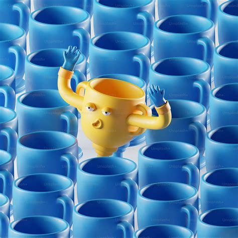 파란색 컵의 줄 중간에 얼굴이 있는 노란색 컵 사진 Unsplash의 만화 이미지