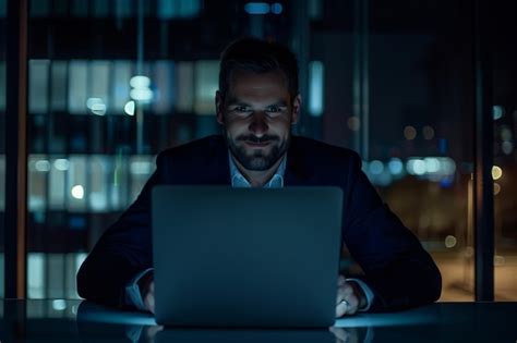 A Man In A Suit Is Sitting At A Desk With A Laptop In Front Of Him Premium Ai Generated Image