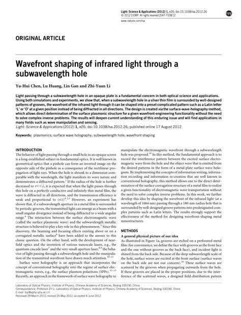 Pdf Wavefront Shaping Of Infrared Light Through A Subwavelength Hole
