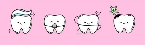 다른 감정으로 설정된 귀여운 치아 다양한 치아 상태 치약 헤어 스타일이있는 치아 교정기 치실 및 충치와 박테리아가있는 치아 벡터 윤곽선 그림 0명에 대한 스톡 벡터 아트 및