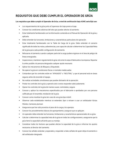 Mo1 Requisitos Que Debe Cumplir El Operador De Grúa Pdf Grúa