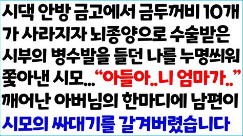 반전사이다사연 시댁 안방 금고에서 금두꺼비 10개가 사라지자 뇌종양으로 수술받은 시부의 병수발을 들던 나를 누명씌워 쫓아낸 시모~ 라디오드라마사연라디오신청사연