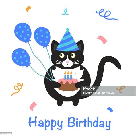 파란색 풍선과 배경에 뱀이있는 파란색 모자에 생일 케이크를 입은 귀여운 검은 고양이 가공의 인물에 대한 스톡 벡터 아트 및 기타