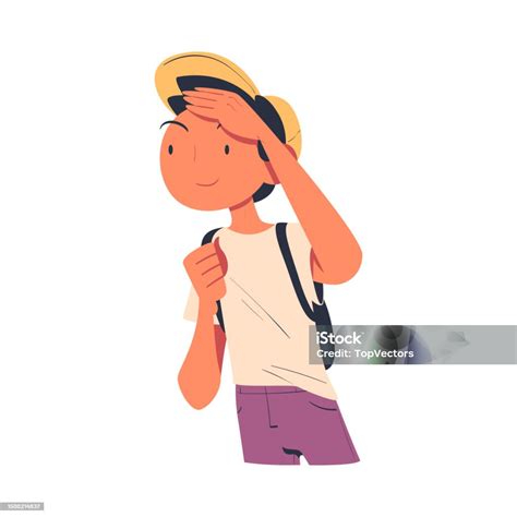 バックパックを持つ幸せな男のキャラクターが好奇心旺盛な顔のベクターイラストで遠くを見ている 1人のベクターアート素材や画像を多数ご用意