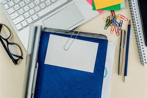 Premium Photo Top View Closeup Of A Laptop Notebook Glasses Paper Clips And Colorful Sticky