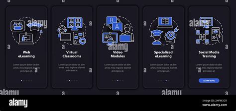 Elearning Types Night Mode Onboarding Mobile App Screen Stock Vector