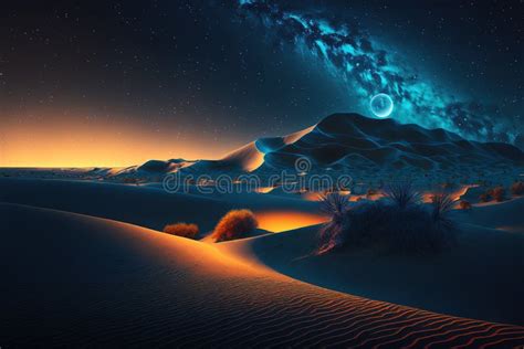Night Landscape With Desert Sand Dunes Illustration Design Art Stock