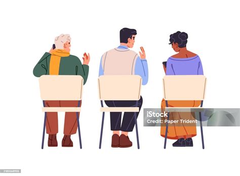 좌석에 앉은 다양한 방청객들이 컨퍼런스 뒷모습을 듣고 있다 사람들은 세미나 중에 의자에 앉아서 전화로 이야기합니다 관객은