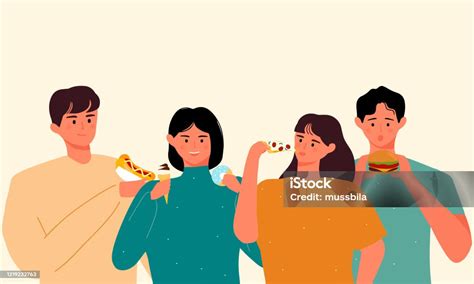 국제 식이 요법의 날 일러스트 정크 푸드 나 패스트 푸드를 먹는 젊은 이들이 그룹 다른 맛있는 음식을 가진 사람들 세계 식량의 날을 축하하십시오 남자와 여자는 건강에 해로운