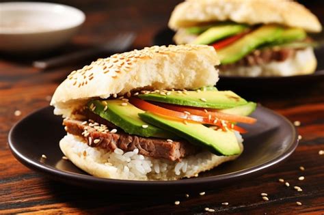 Premium Ai Image Sesame Seed Bun Sandwich With Avocado And Roast Beef