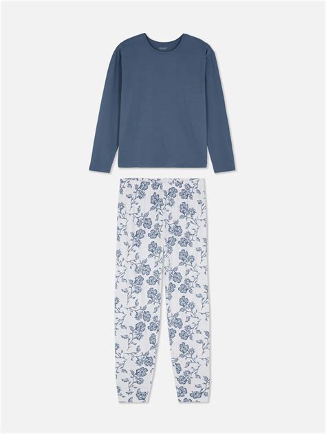 Womens Dark Blue Long Sleeve Jersey Knit Pajama Set Primark