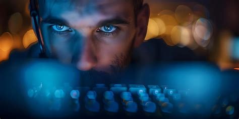 Focused Netrunner Swiftly Typing On Keyboard Eyes Fixed On Monitor Navigating Digital World