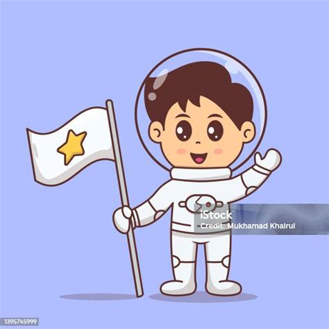 깃발과 흔들림을 가진 귀여운 작은 우주 비행사 우주 기술 벡터 일러스트 레이 션 과학에 대한 스톡 벡터 아트 및 기타 이미지 과학 귀여운 날기 Istock