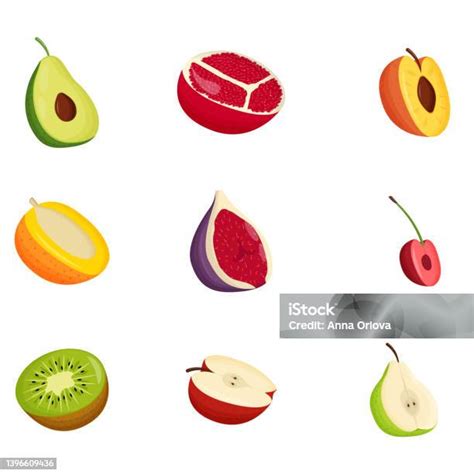 반 과일 세트 채식 음식 건강한 식생활 개념 아보카도 석류 복숭아 망고 무화과 체리 키위 사과 배 플랫 벡터 일러스트 레이 션 0명에 대한 스톡 벡터 아트 및 기타 이미지