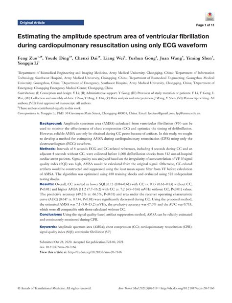 Pdf Estimating The Amplitude Spectrum Area Of Ventricular Fibrillation During Cardiopulmonary