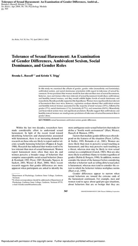 PDF Tolerance Of Sexual Harassment An Examination Of Gender Differences Ambivalent Sexism