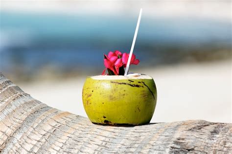 Free Photo Cocktail With Drinking Straw On Palm Tree On Caribbean Beach