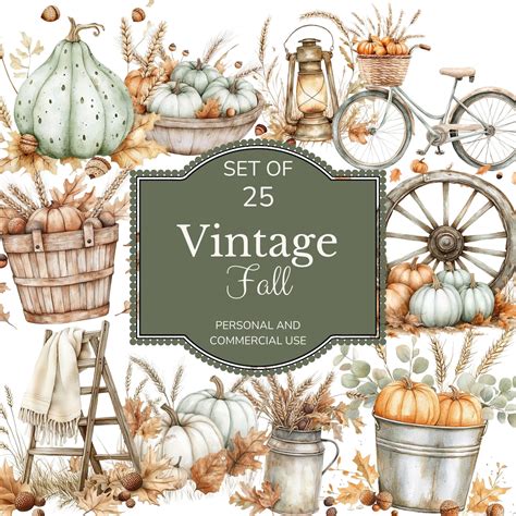 Vintage Fall Clipart Set Rustic Autumn Pngs Digital Download Etsy