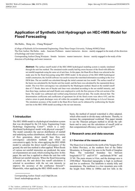 Pdf Application Of Synthetic Unit Hydrograph On Hec Hms Model For Flood Forecasting