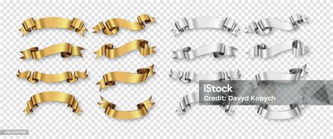 금색과 은색 리본 골드 실버 컬러 리본 배너 벡터 컬렉션입니다 그림 플래그 리본 배너 골드 실버 라벨 리본 세트 10 Eps 0명에 대한 스톡 벡터 아트 및 기타 이미지