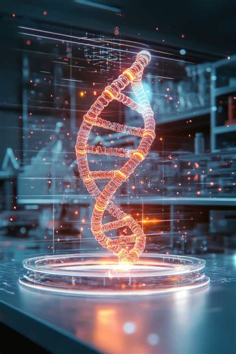 Glowing Dna Chain Rotating On Futuristic Platform In Laboratory Setting