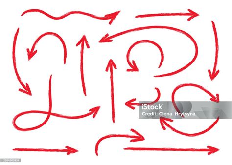 크레용 구불구불한 빨간색 화살표 세트입니다 플랫 스타일의 손으로 그린 분필 요소 낙서 움직임 나선형 화살표 낙서 선 아이콘 스케치에 대한 연필 브러시 흰색 배경에 어린이