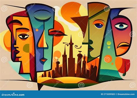 Abstract Modern Art Work With Strange Faces In Picasso Style Stock