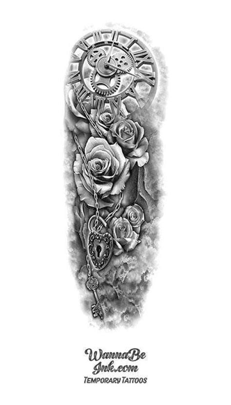 Clock Roses Lock And Skeleton Key Temporary Sleeve Tattoos Etsy