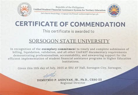 Sorsu Recognized As Ched Unifast Bicol Compliance Excellence Awardee Sorsogon State University