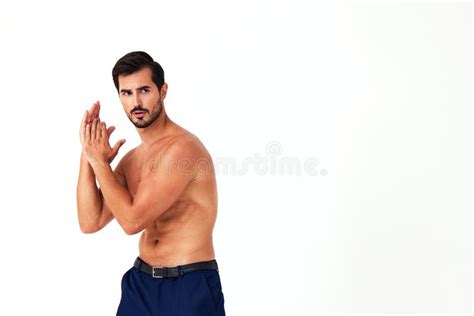 Sports Man With Bare Torso And Cubes On His Stomach In Business Pants Shows Naked Body Full